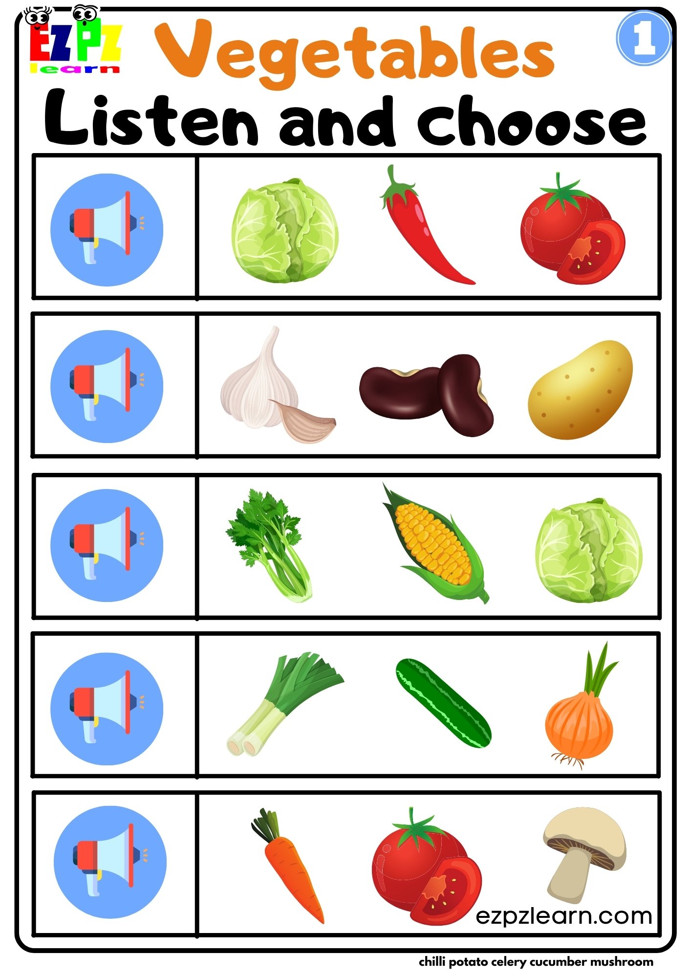 Interactive Worksheet for Vegetables Listen and Choose the Correct Images Activity for ESL and K ...